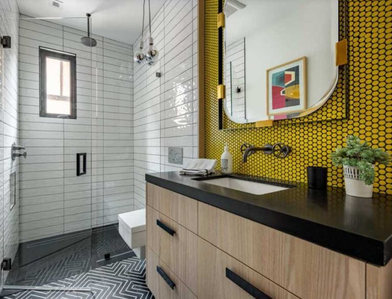 full-bath-yellow-penny-tile-white-subway-tile | Bazaar Home Decorating